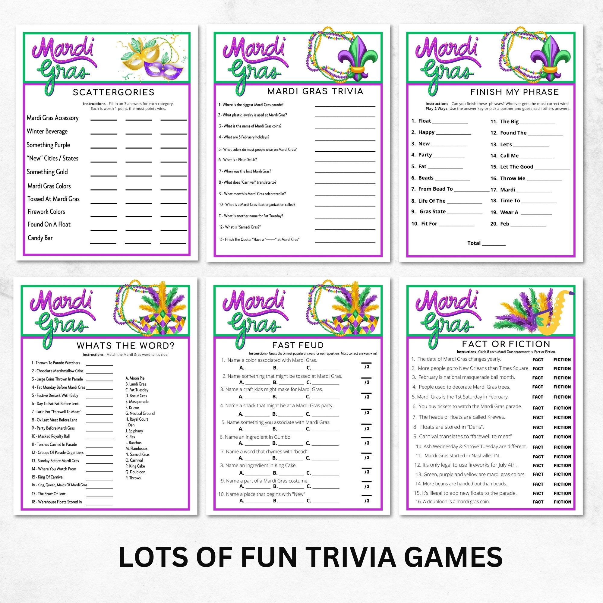 Mardi Gras Printable Games Answers Bundle | Fat Tuesday Party Games ...