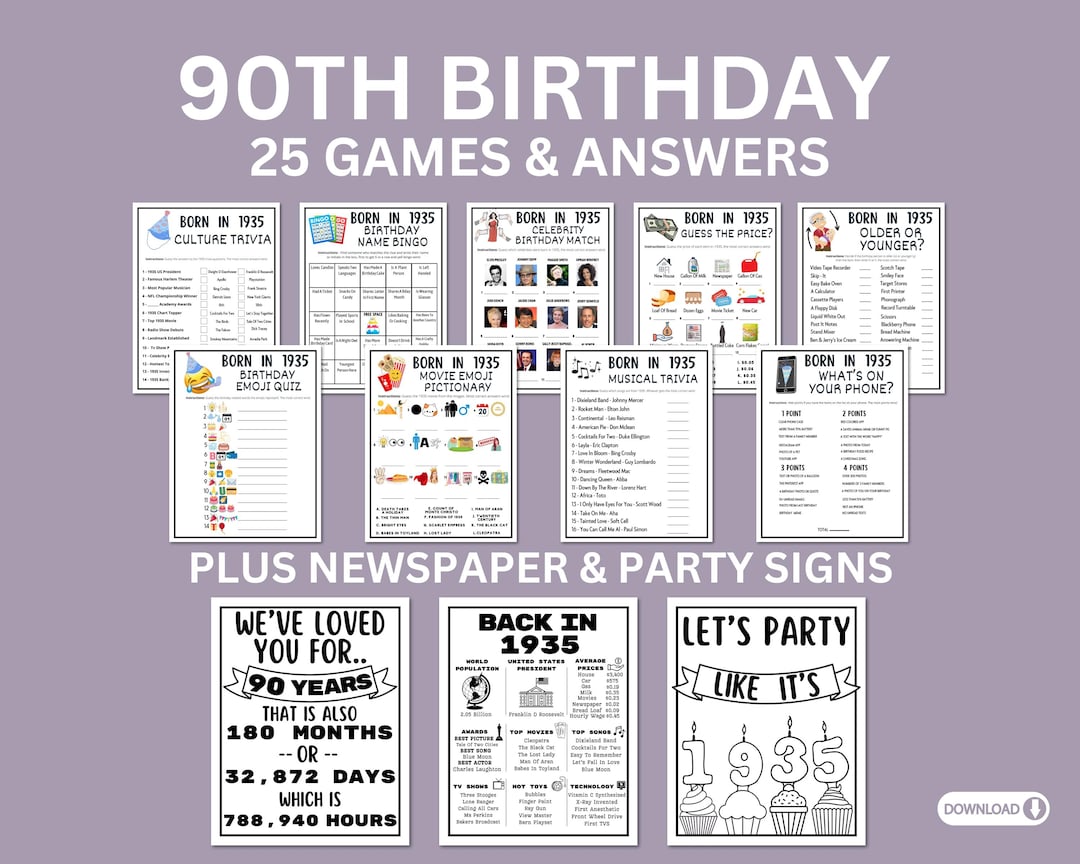 90th Birthday Printable Games Bundle | Born in 1935 Party Idea | 90th ...