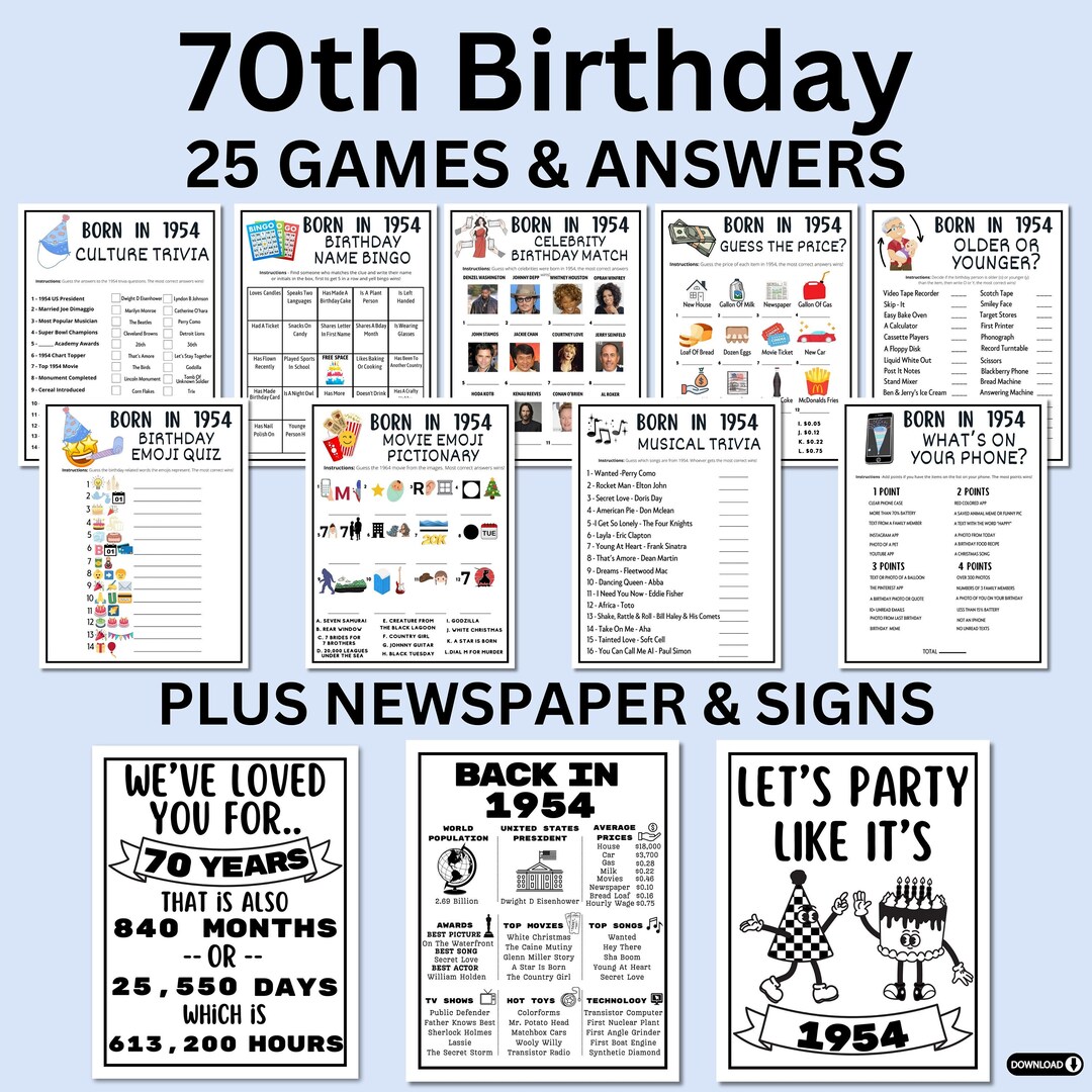 70th Birthday Printable Games Bundle Born in 1954 Party Idea 70th Bday Party Activities Man ...