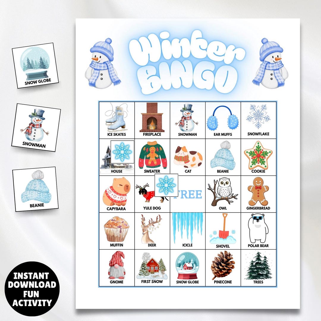 Winter Bingo Game 100 Cards | Glowing Blue Snowman Theme | Printable ...