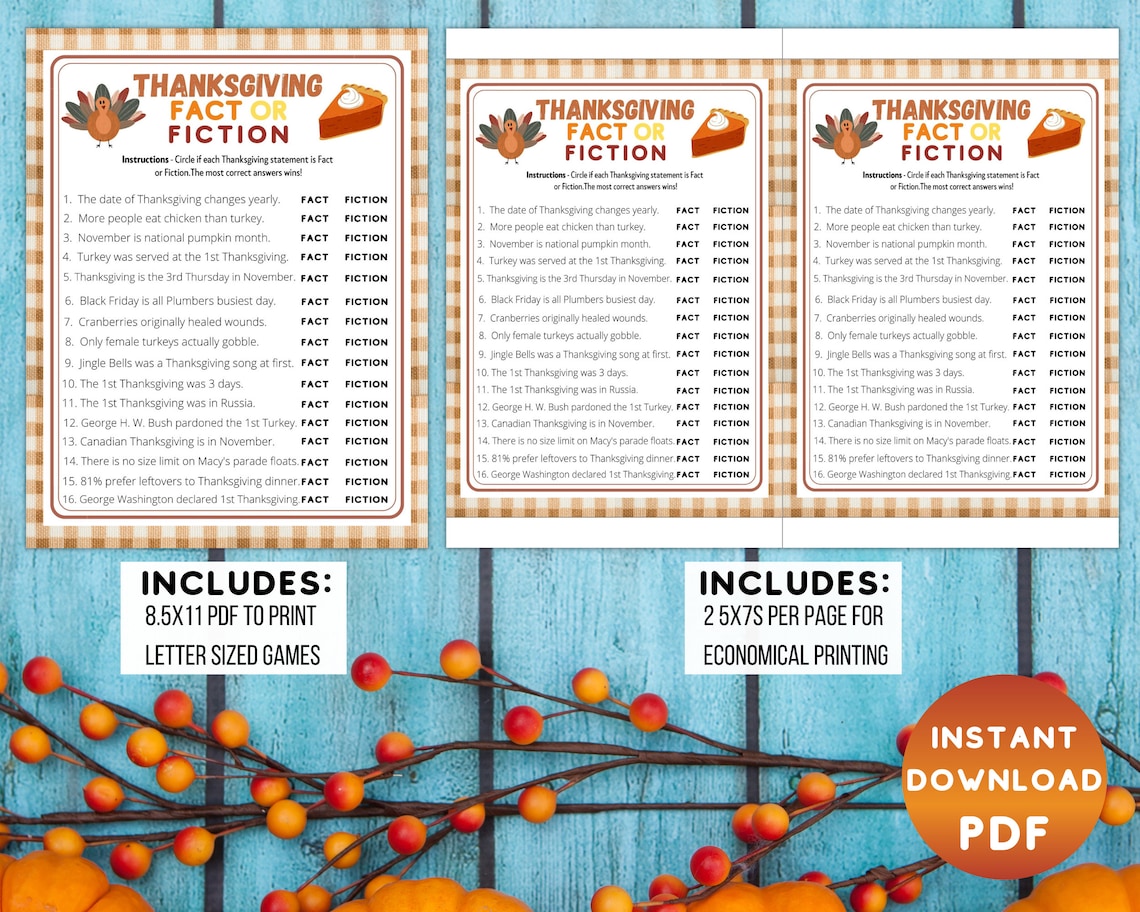 Thanksgiving Fact or Fiction Printable Trivia Game, Virtual Team ...