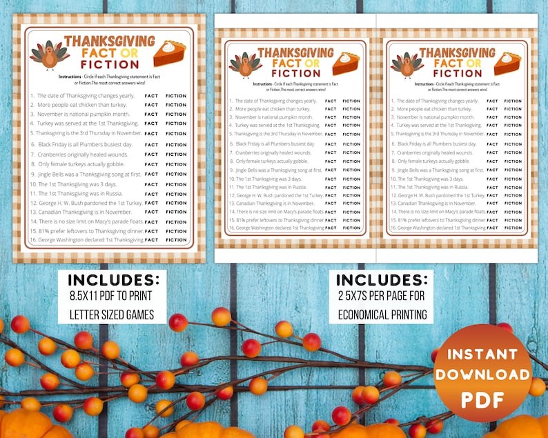 Thanksgiving Fact or Fiction Printable Trivia Game Virtual - Etsy