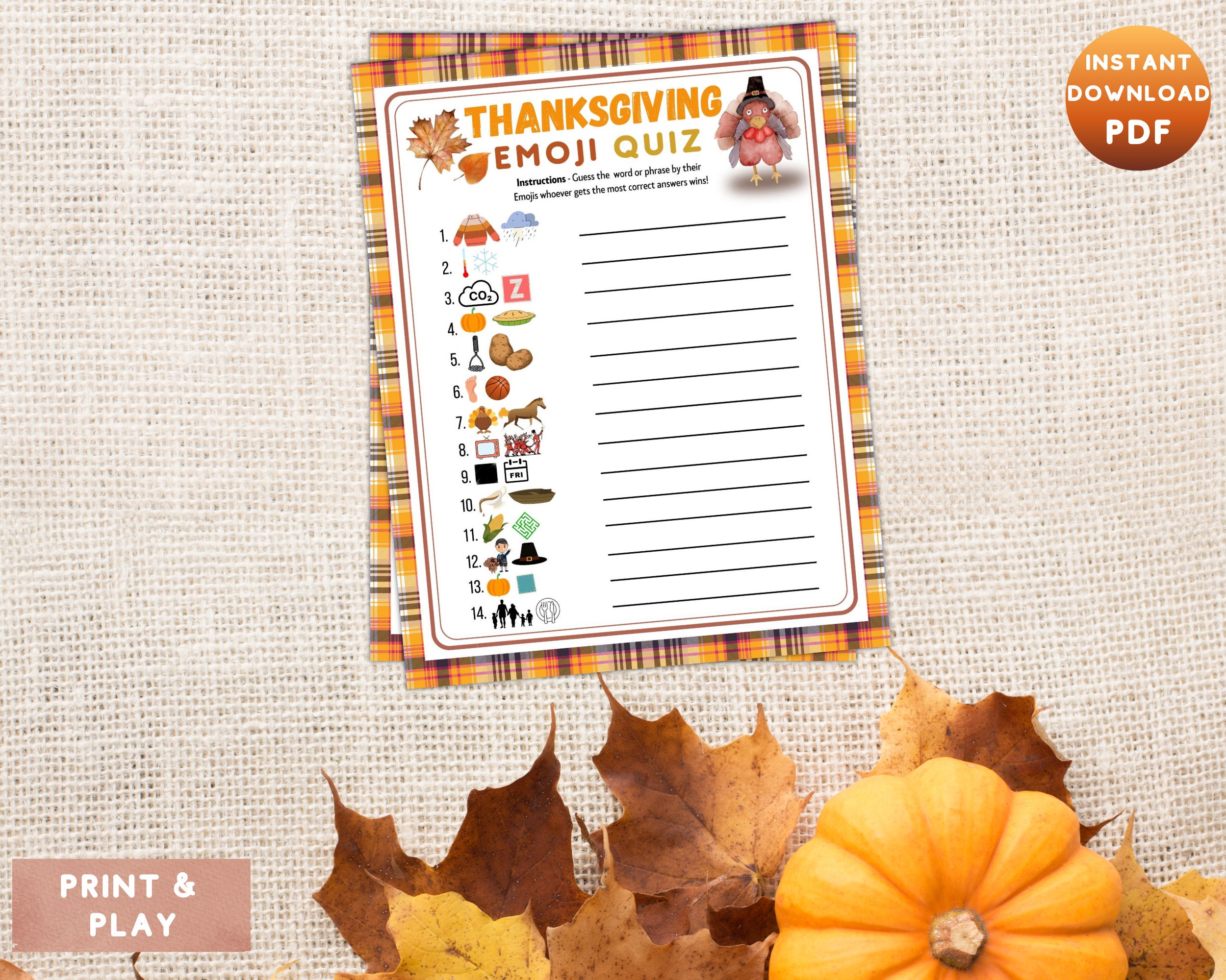 Emoji Pictionary Printable Thanksgiving Game, Virtual Turkey Day Trivia ...