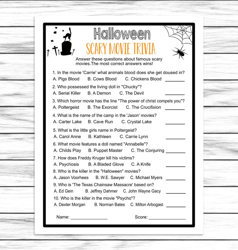 Halloween Scary Movie Trivia Game, Virtual or Printable Costume Party ...