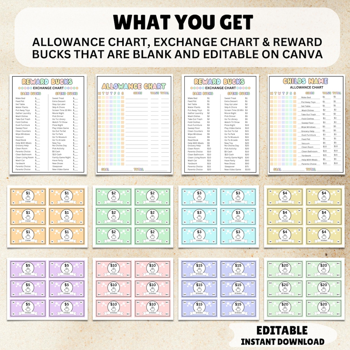 Editable Rewards Chart Play Money | Pretend Chores Cash for Moms ...