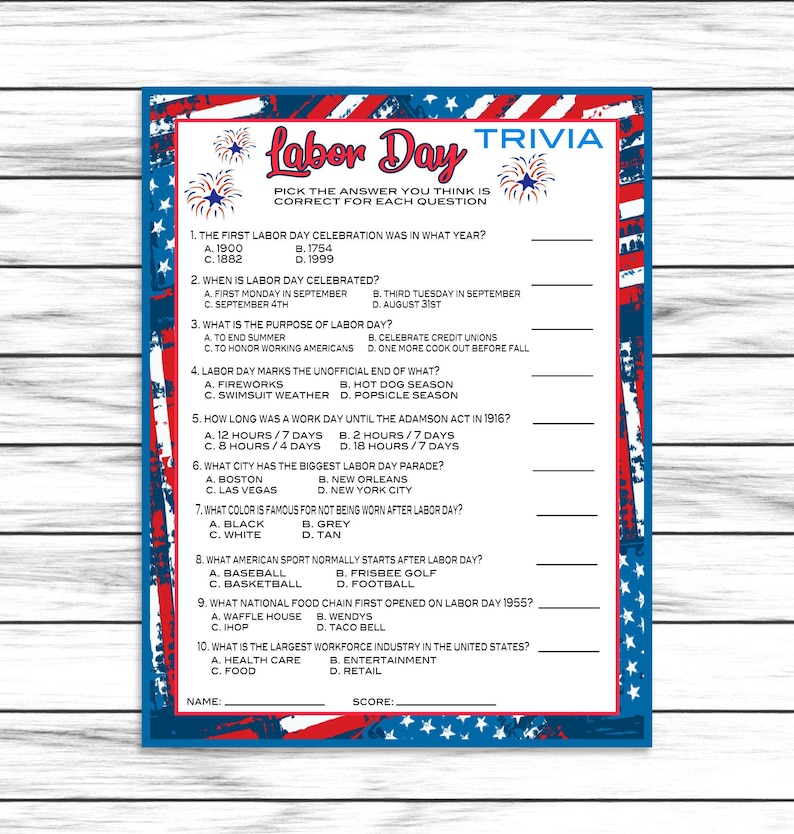 Labor Day Trivia Game, Party Game, Labor Day Party Game, Labor Day ...