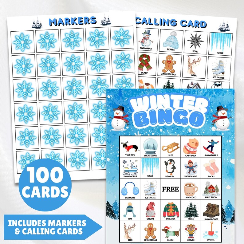 Printable Winter Bingo Game | 100 Unique Cards | Snowman Holiday Party ...