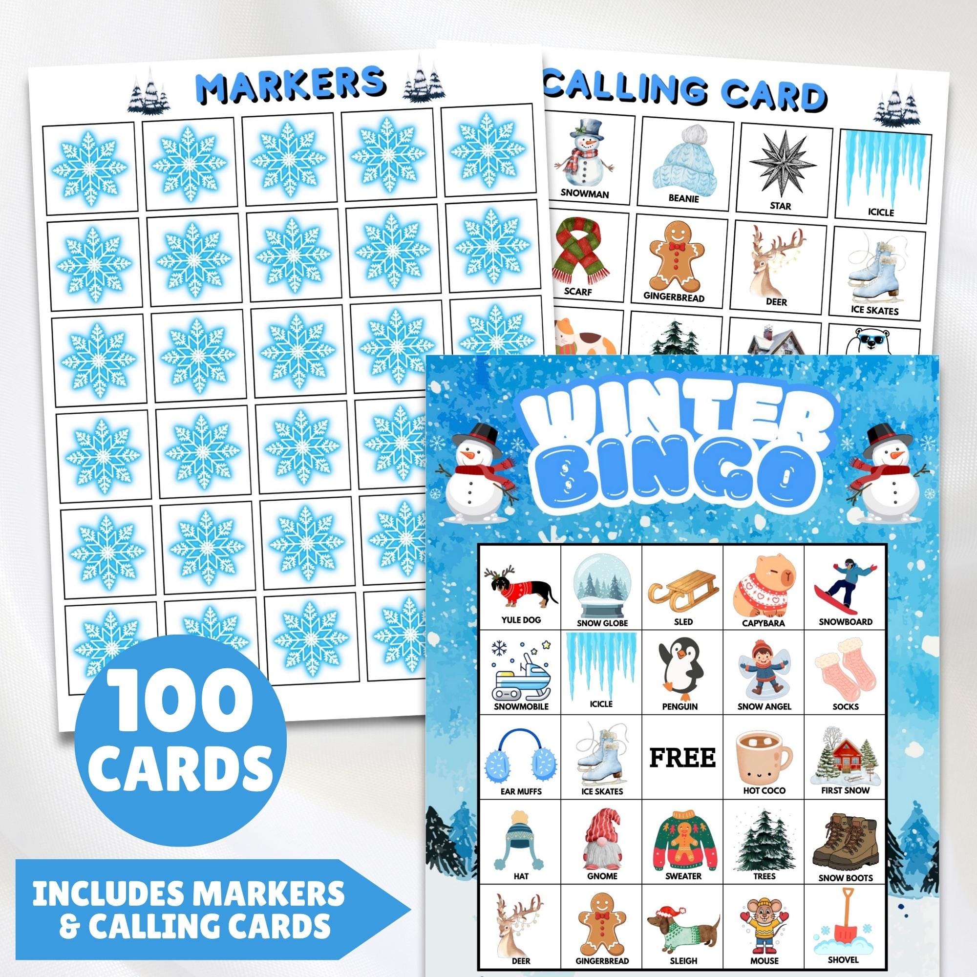 Printable Winter Bingo Game | 100 Unique Cards | Snowman Holiday Party ...