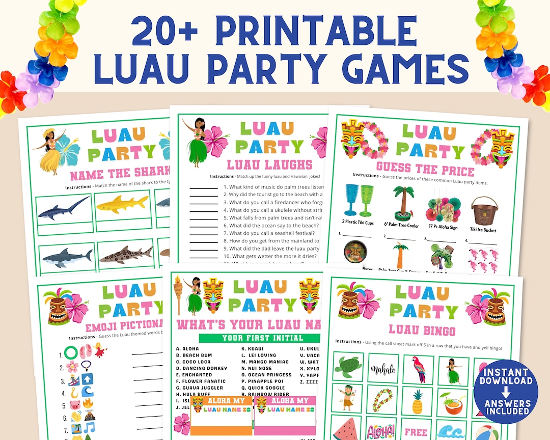 Printable Luau Tiki Party Summer Games | Tropical Aloha Activities ...