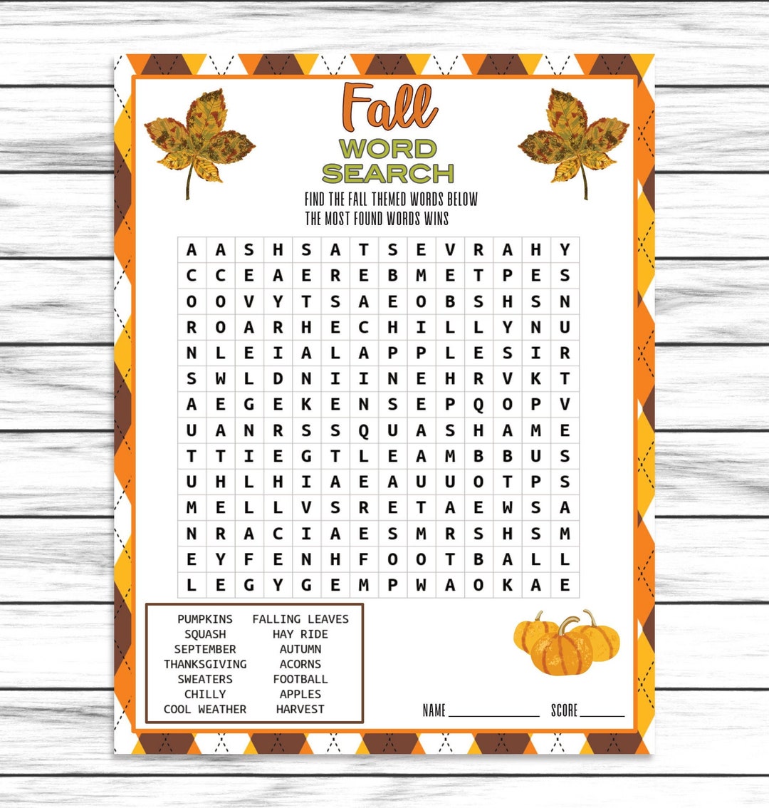 Fall Word Search Game, Printable or Virtual Game for Adults and Kids ...