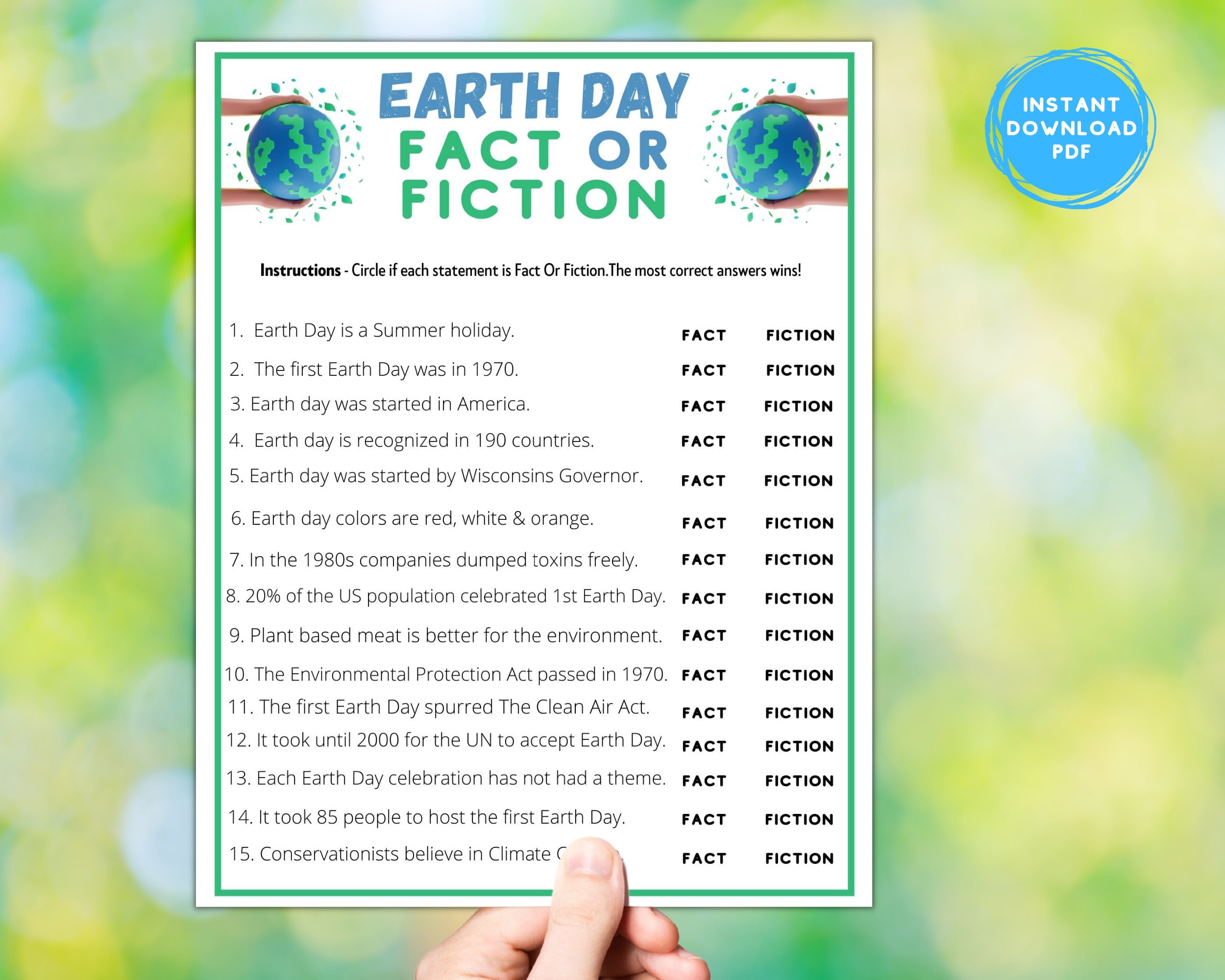 Printable Earth Day Fact or Fiction Game | Classroom Office Seniors ...
