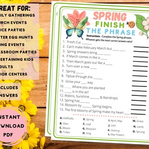 Spring Finish the Phrase Printable Game | Kids Adults Fun Word Activity ...