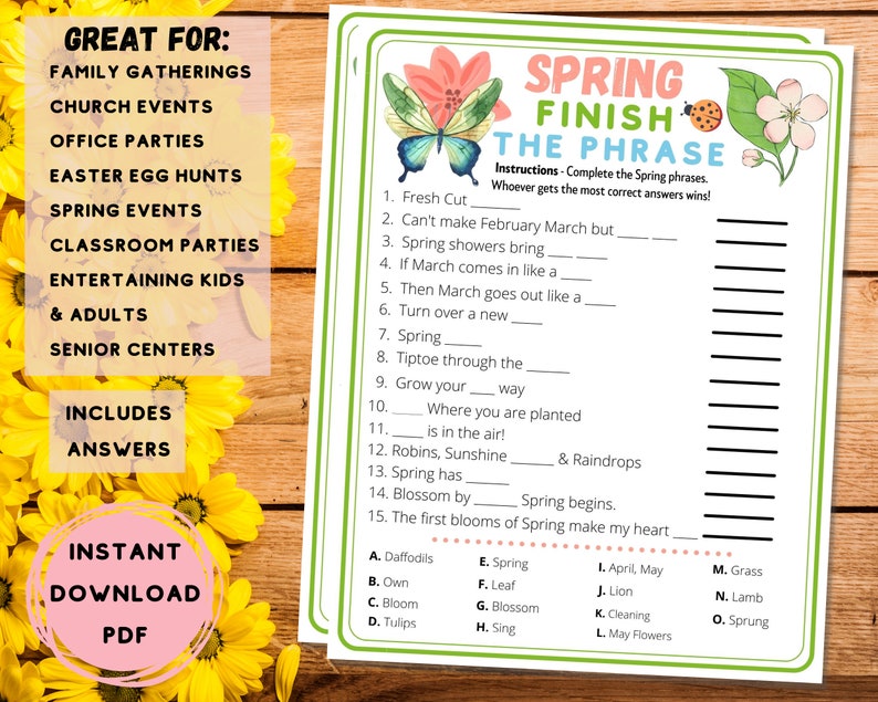 Spring Finish the Phrase Printable Game | Kids Adults Fun Word Activity ...
