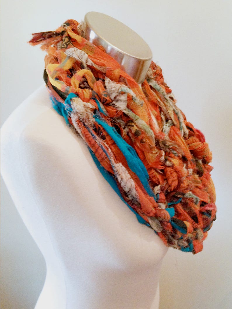 Silk Sari Scrap Cowl Scarf, Chunky Knit Scarf, Neck Warmer, Eco ...