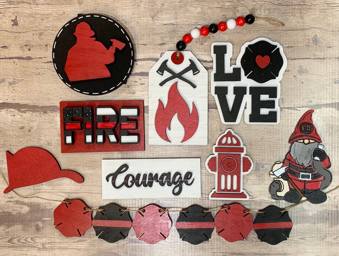 Firefighter Tiered Tray Set, Thin Red Line Decor Mini Sign Bundle ...