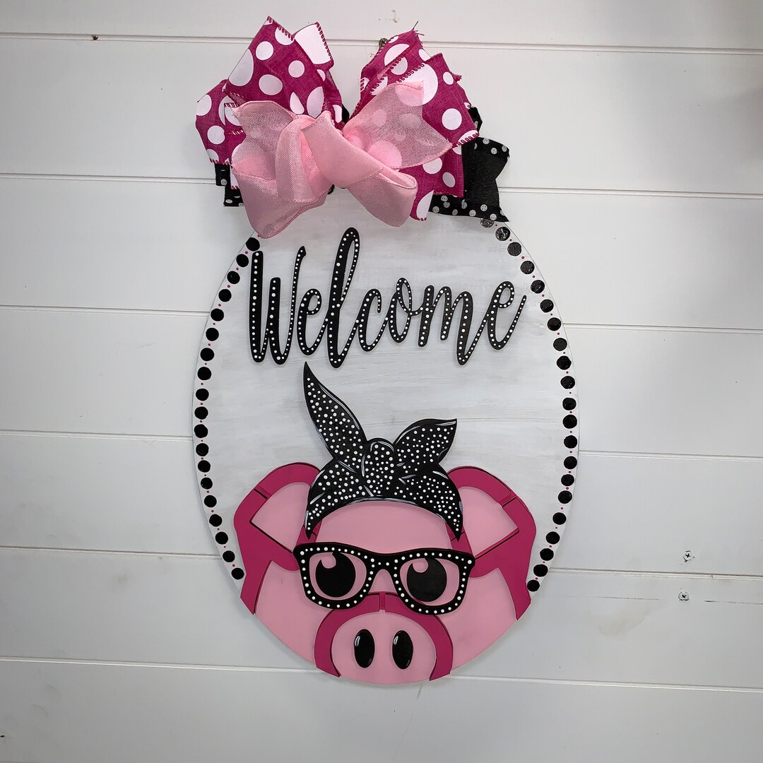 Peeking Pig Welcome Sign: Hand-painted Polka Dot Door Hanger - Etsy