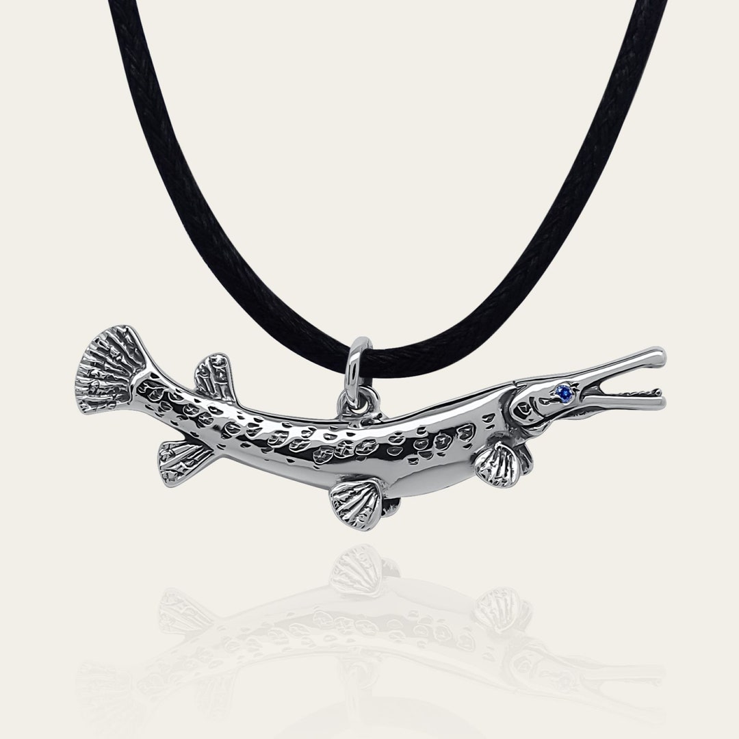 Sterling Silver Garfish Pendant and Cord. Gemstone Eye, Gar, Garpike ...