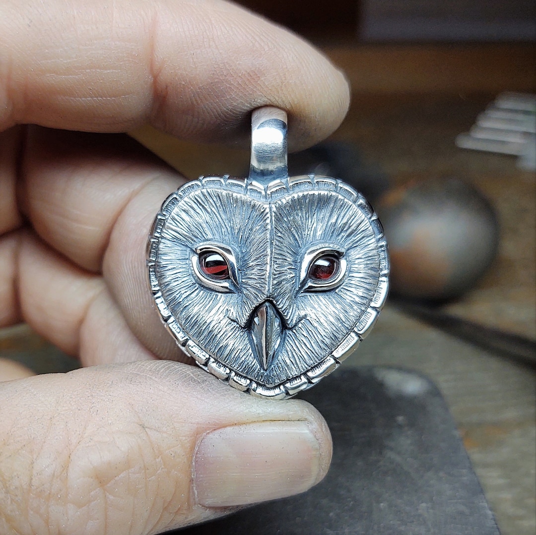 The Original Large Silver Barn Owl Pendant, Sterling Silver and Garnet ...