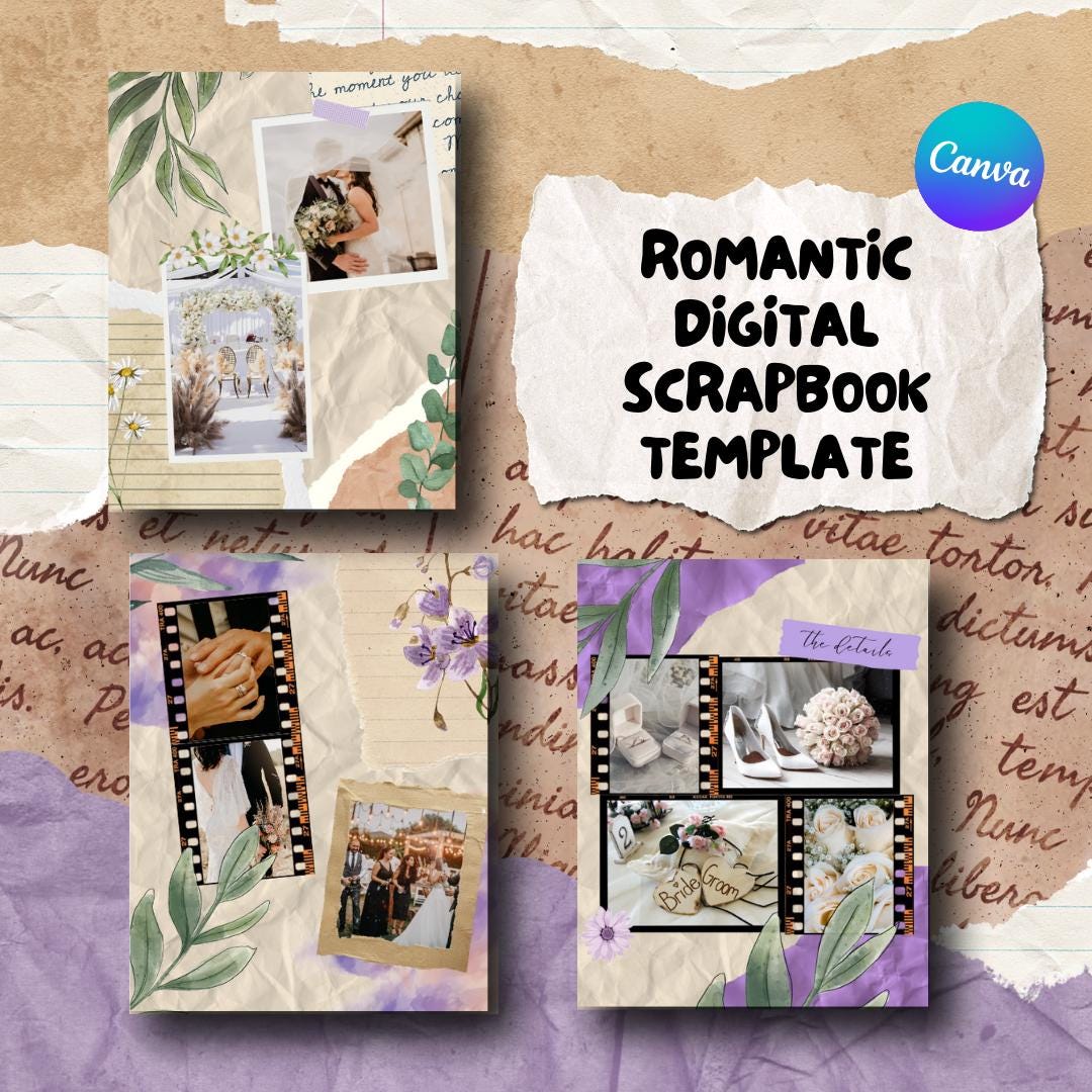 Digital Scrapbook Collage Template for Canva Wedding Photo Collage ...