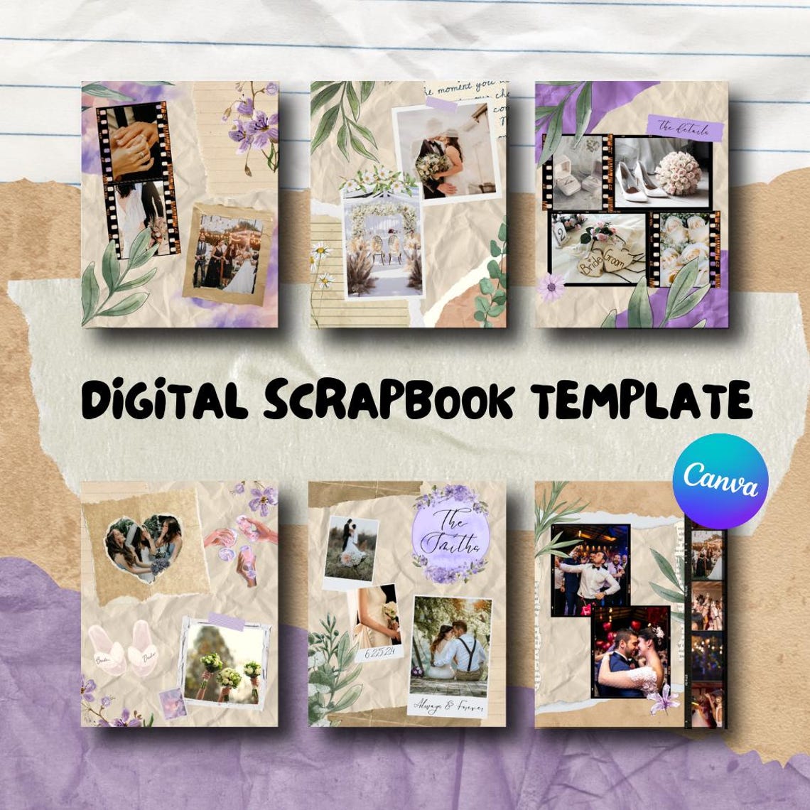 Digital Scrapbook Collage Template for Canva Wedding Photo Collage ...