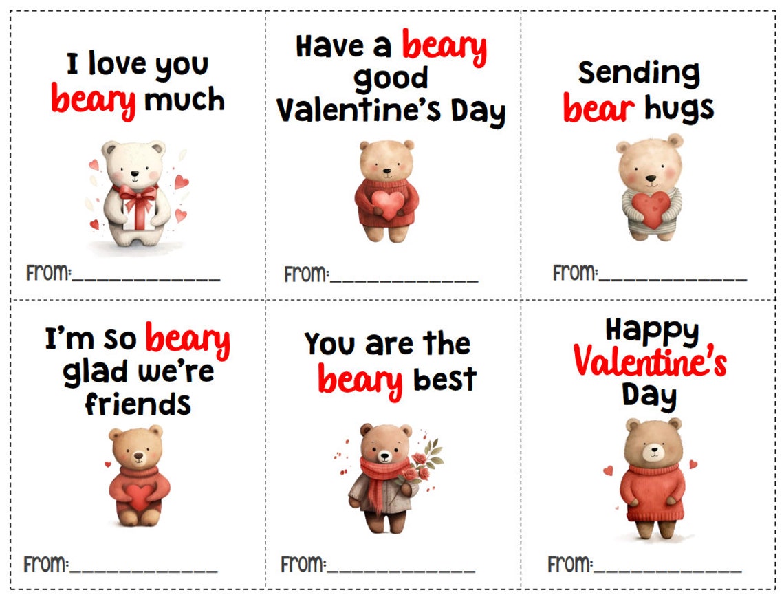 Printable Bear Valentine's Day Cards for Kids, Classroom Valentines ...