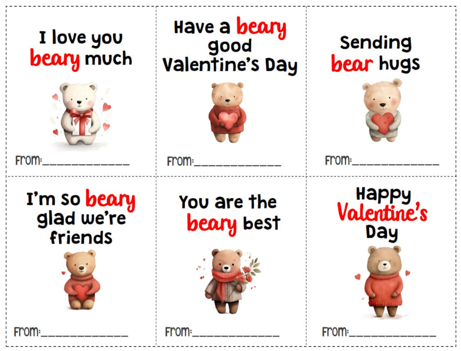 Printable Bear Valentine's Day Cards for Kids, Classroom Valentines ...