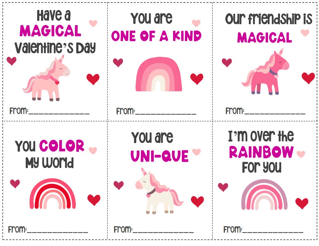 Printable Unicorn and Rainbow Valentine's Day Cards for Kids, Classroom ...