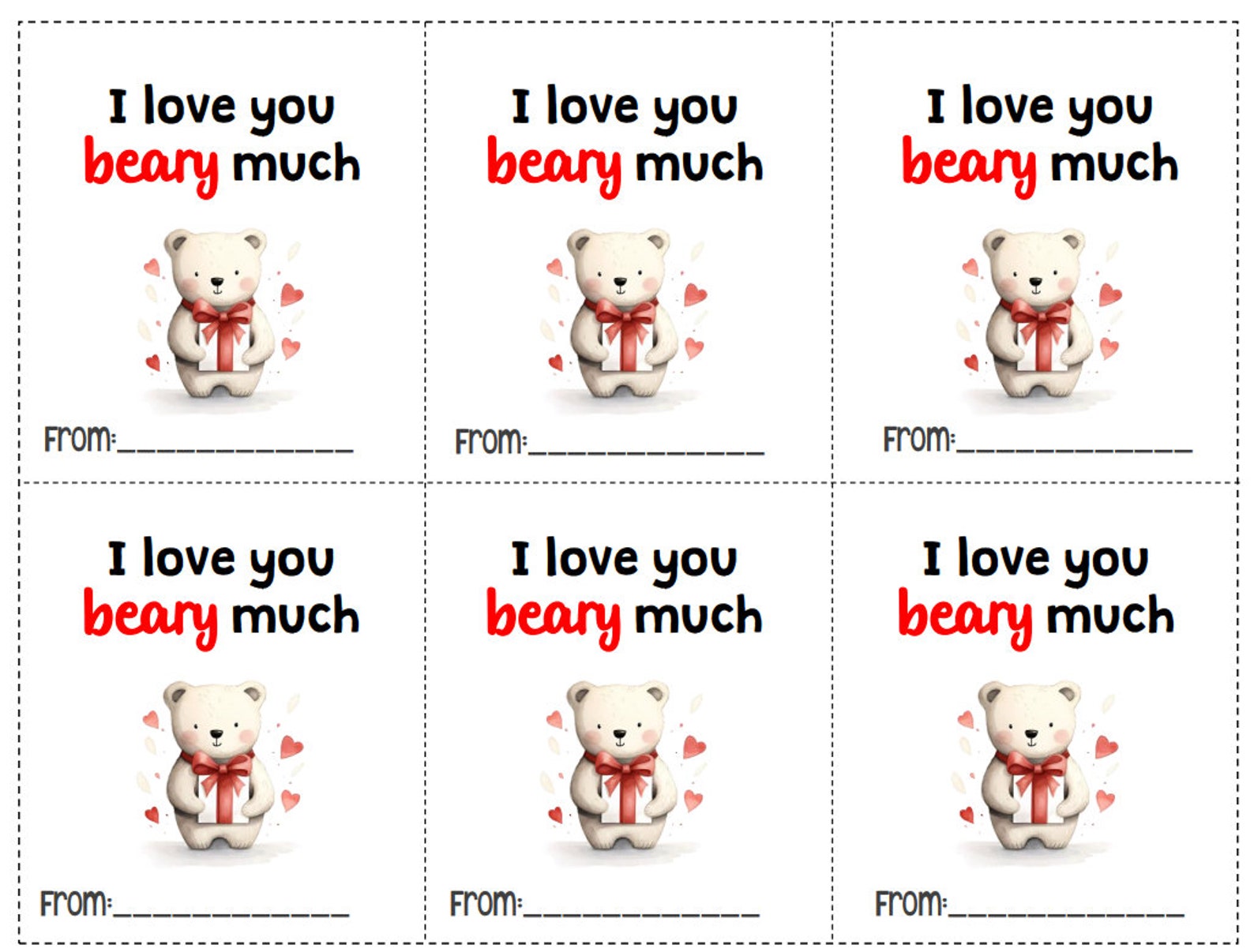 Printable Bear Valentine's Day Cards for Kids, Classroom Valentines ...