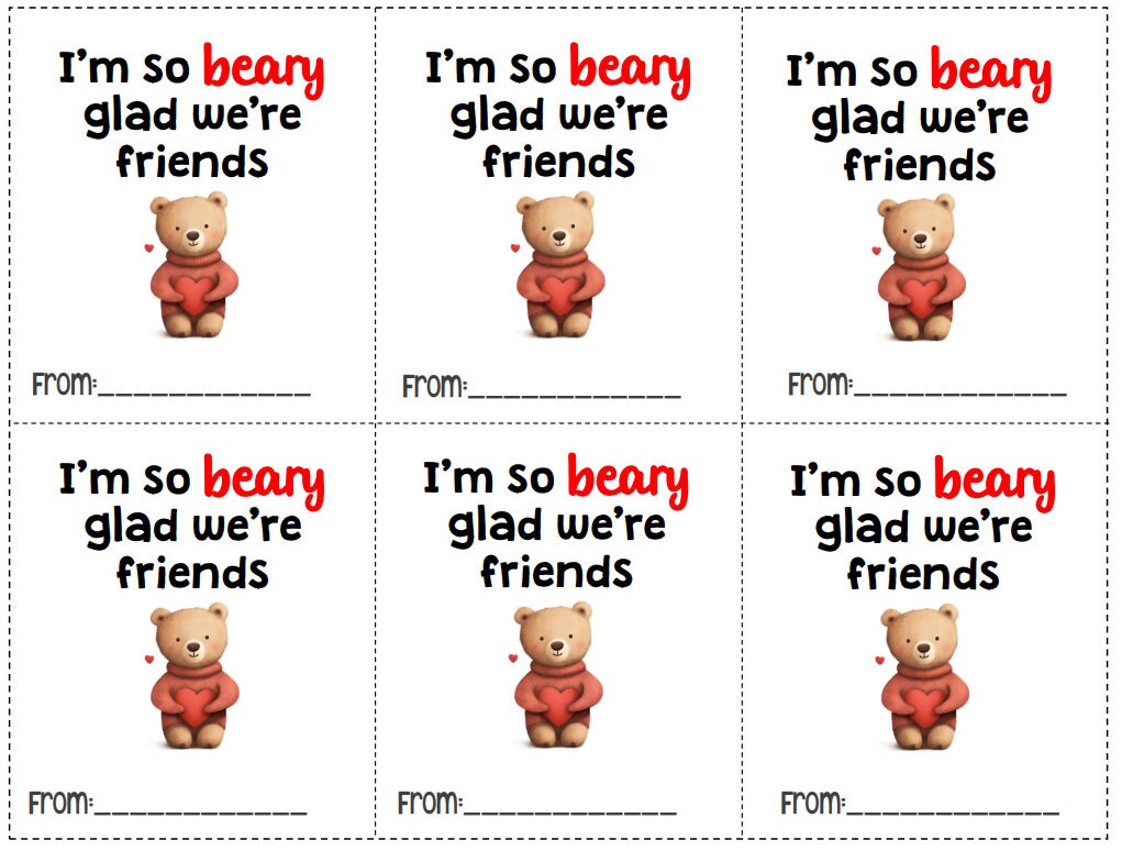 Printable Bear Valentine's Day Cards for Kids, Classroom Valentines ...