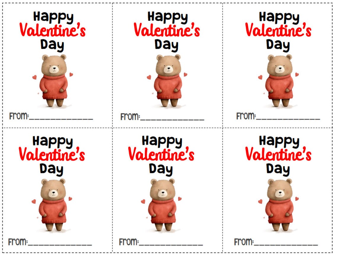 Printable Bear Valentine's Day Cards for Kids, Classroom Valentines ...