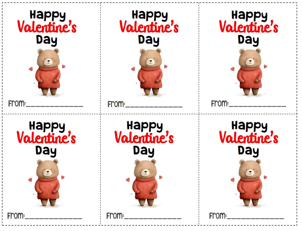 Printable Bear Valentine's Day Cards for Kids, Classroom Valentines ...