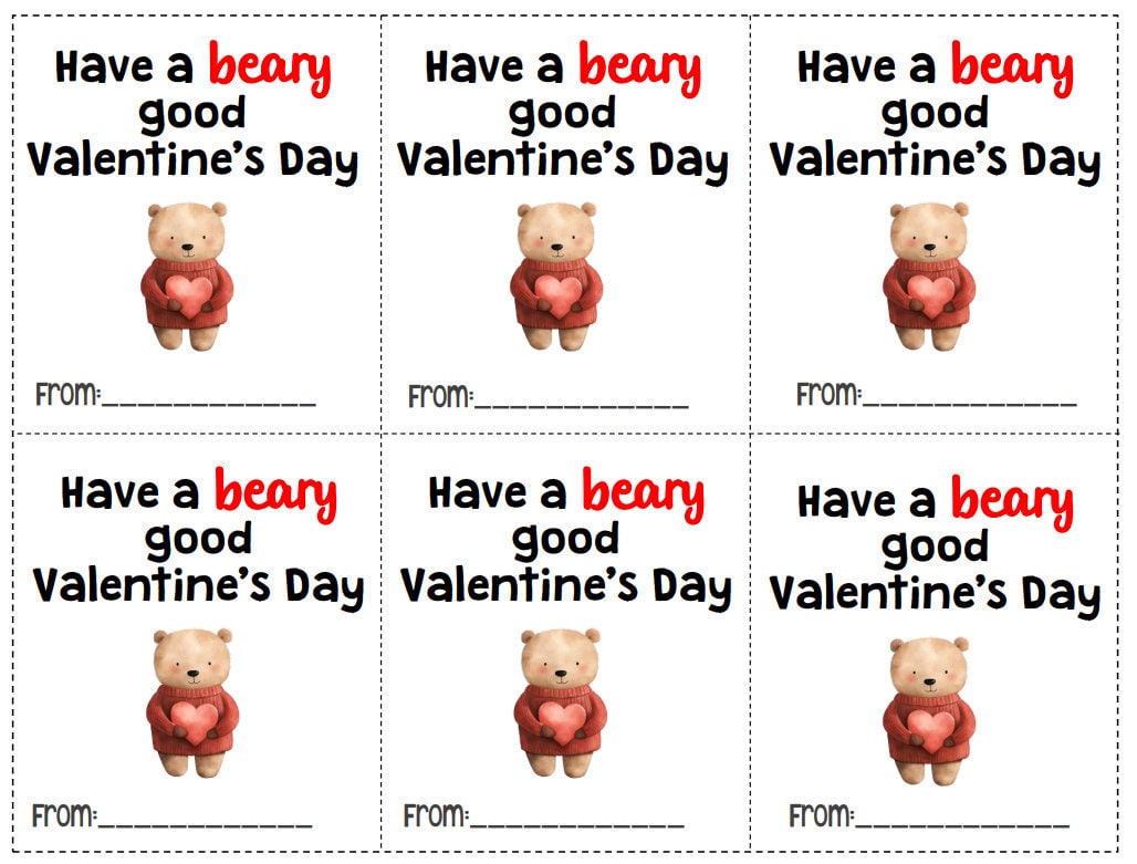 Printable Bear Valentine's Day Cards for Kids, Classroom Valentines ...