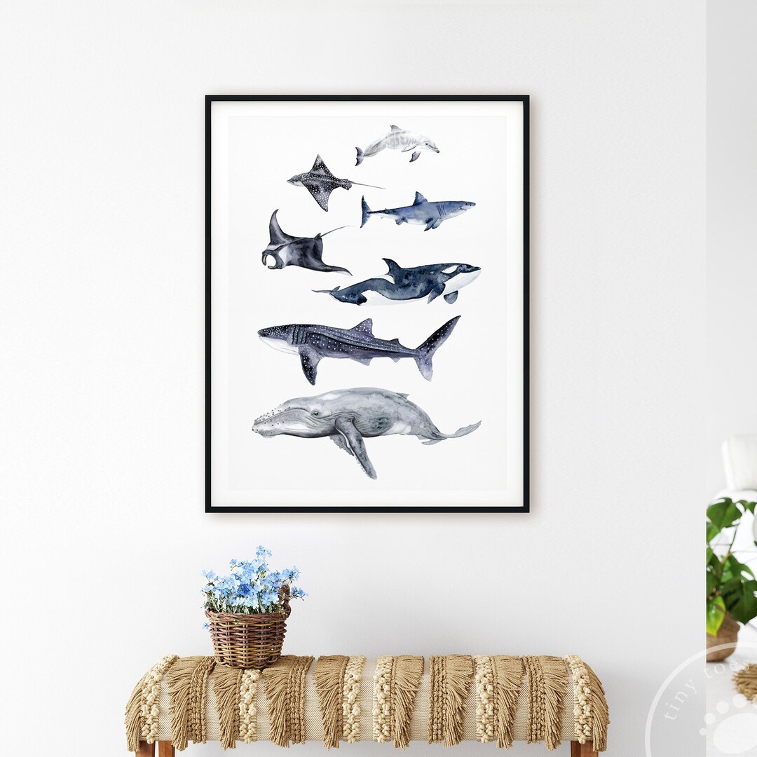 Ocean Animals Watercolor, Bathroom Decor, Coastal Print, Ocean Nursery ...