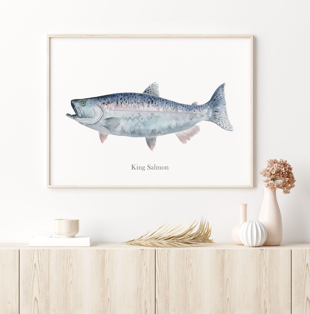 King Salmon Art Print, Salmon Watercolor, Realistic Fish Decor, Chinook ...