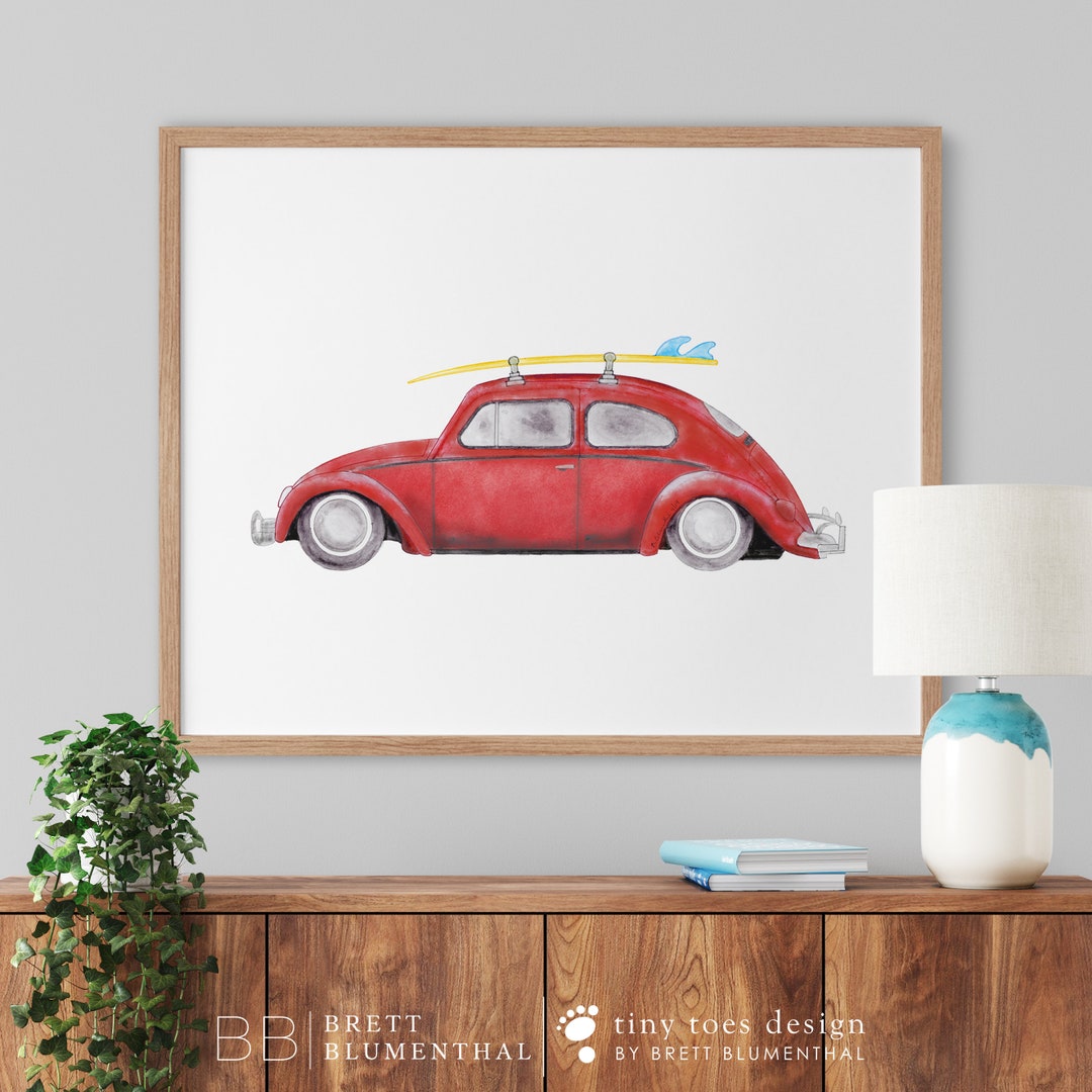Retro Red Car Nursery Print, Vintage Surf Vehicle Wall Art, Boys Room ...
