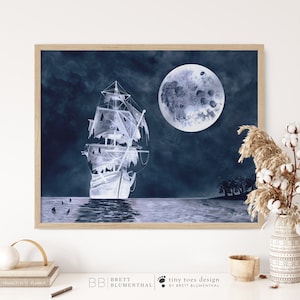 Ghost Ship Painting, Pirate Decor, Pirate Ship Watercolor Art, Full ...