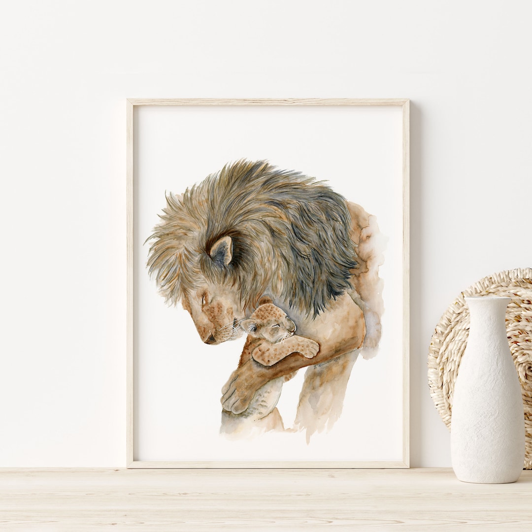 Lion Art Print - Father's Day Gift - Animal Art - Dad and Baby Lion ...