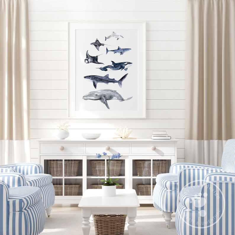 Ocean Animals Watercolor Bathroom Decor Coastal Print Ocean | Etsy