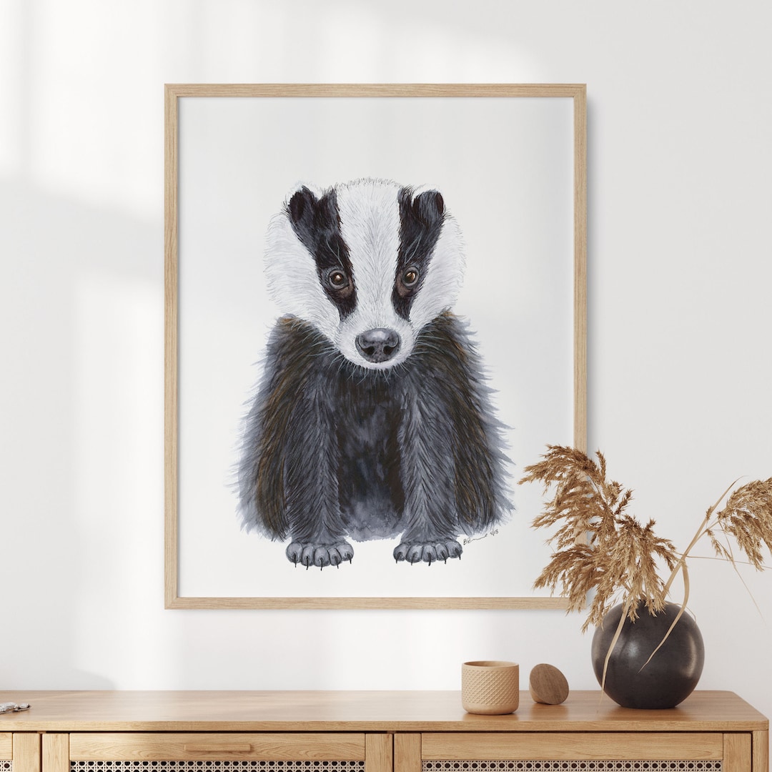Badger Art Print, Woodland Nursery Decor, Baby Animal Watercolor Gray ...