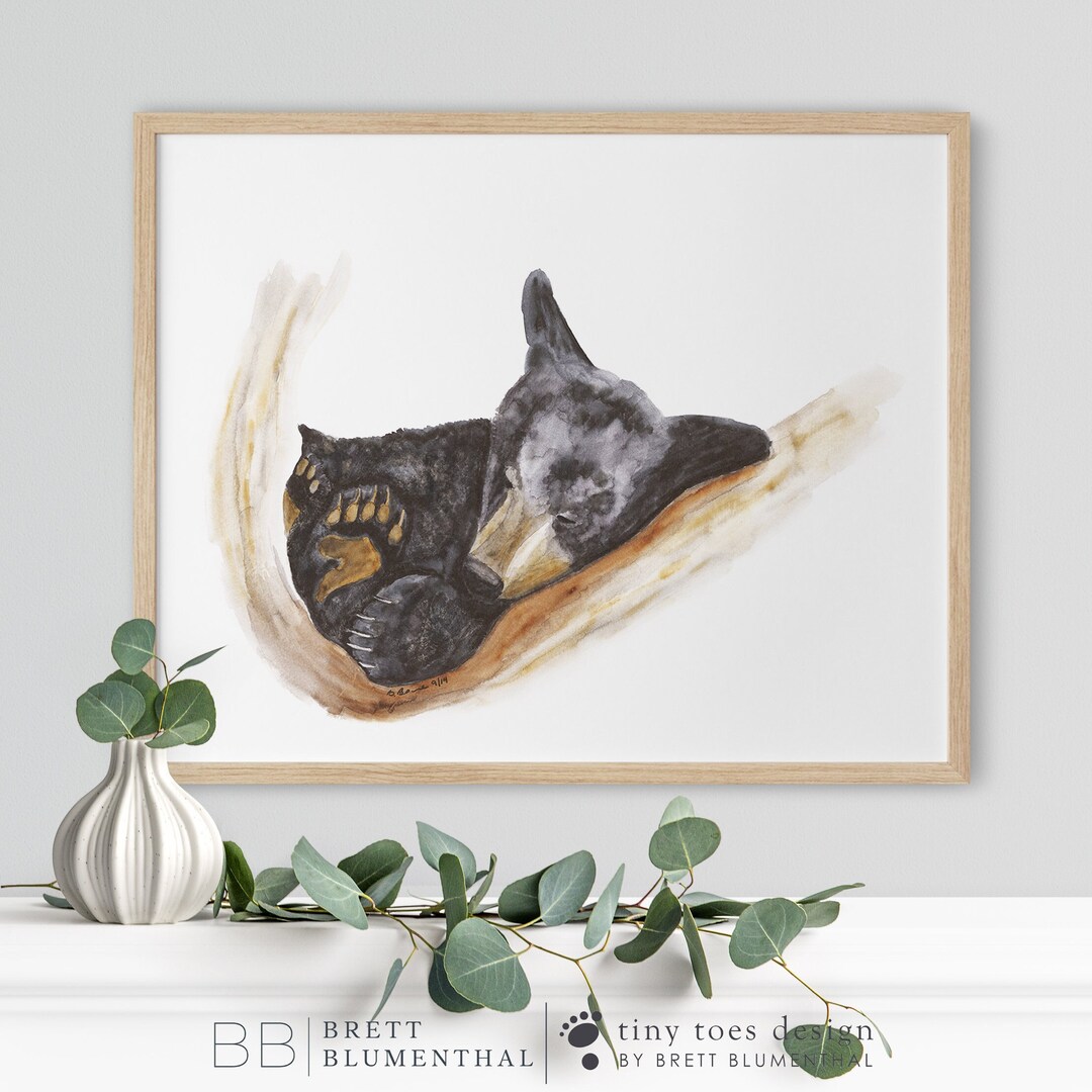 Sleeping Bear Art, Woodland Nursery Decor, Baby Animal, Bear Art Print ...