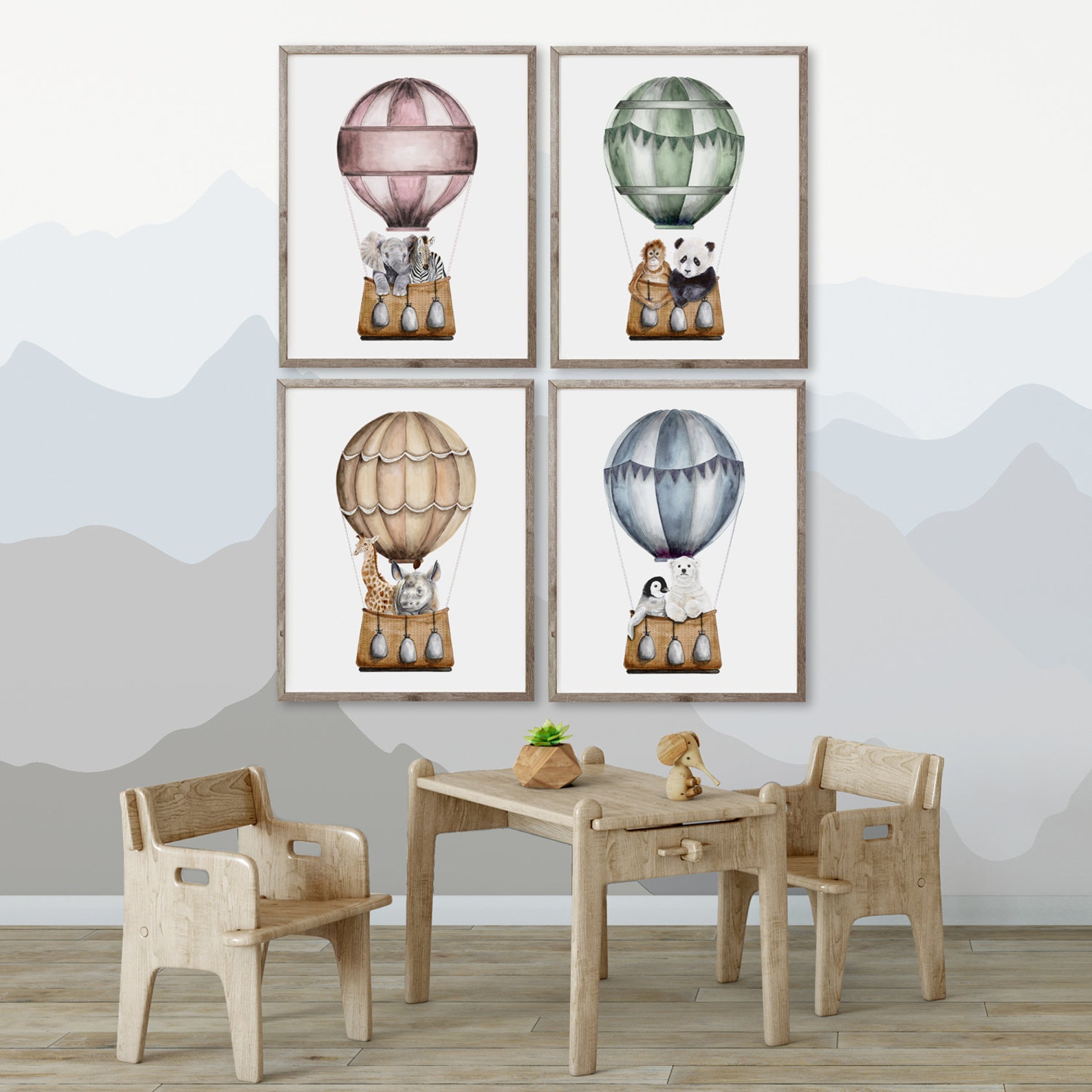 Yellow Hot Air Balloon Nursery Print, Adventure Animals Wall Art, Baby ...