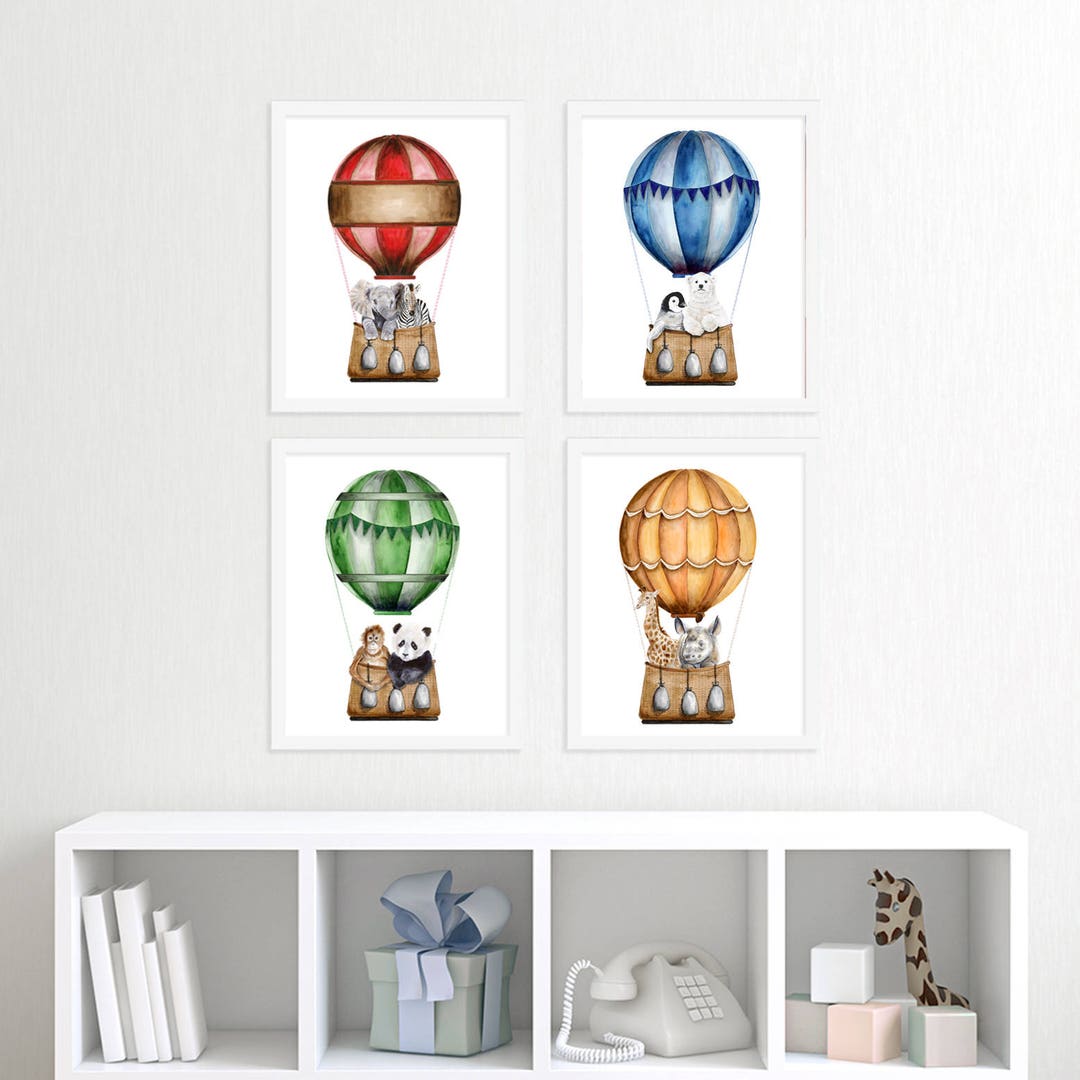 Hot Air Balloon Nursery, Animals in Balloons Nursery Print Set, Baby ...