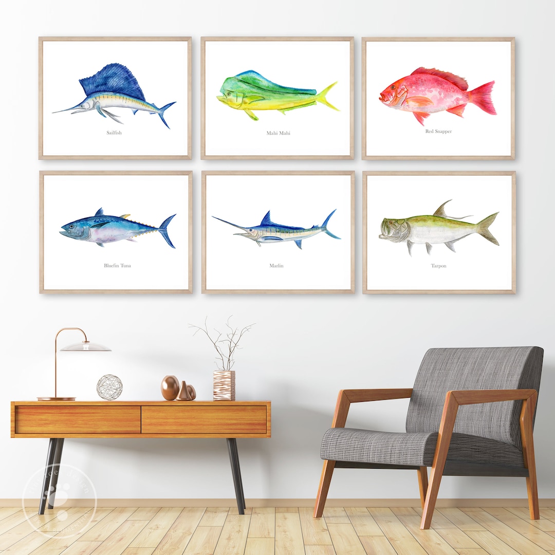 Framed Fishing Decor, Fish Print Set, Fish Mounts, Coastal Art, Framed ...