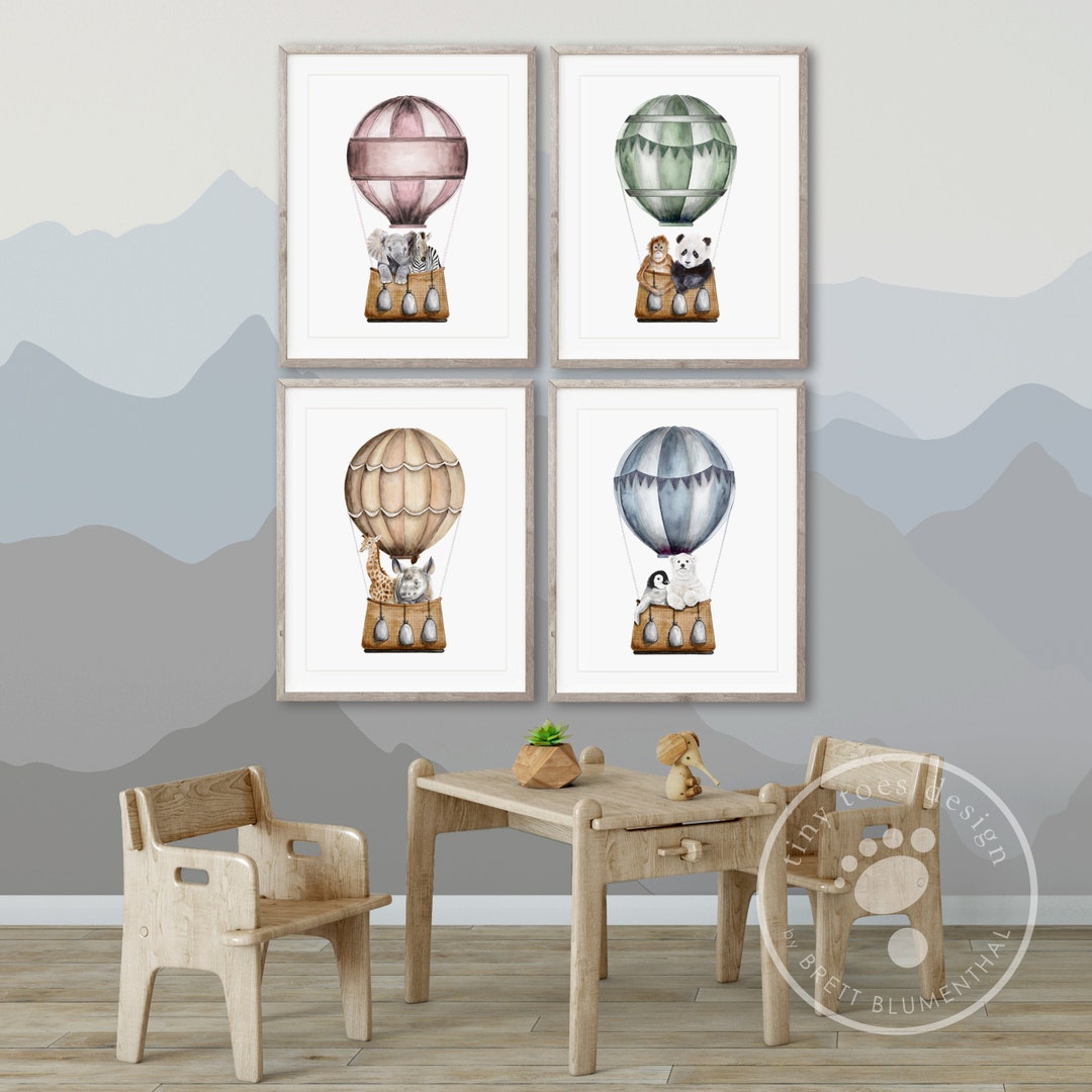 Hot Air Balloon Print Set of 4, Balloon Nursery Decor, Baby Animals in ...