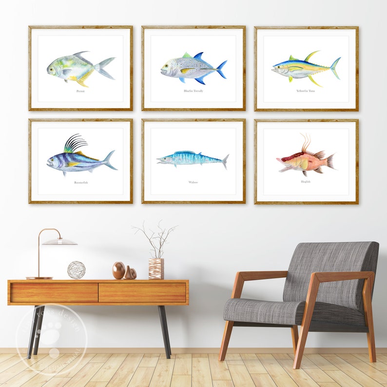 Sport Fishing Print Set of 6, Watercolor Deep Sea Fish Wall Art - Etsy