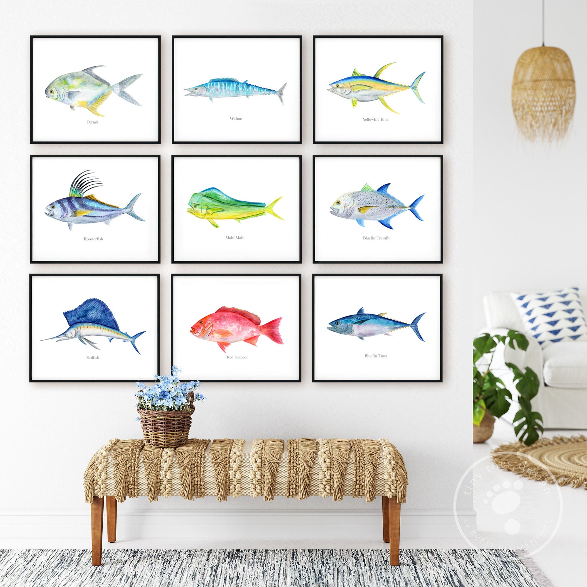 Sport Fishing Print Set of 9, Watercolor Ocean Fish Decor - Etsy
