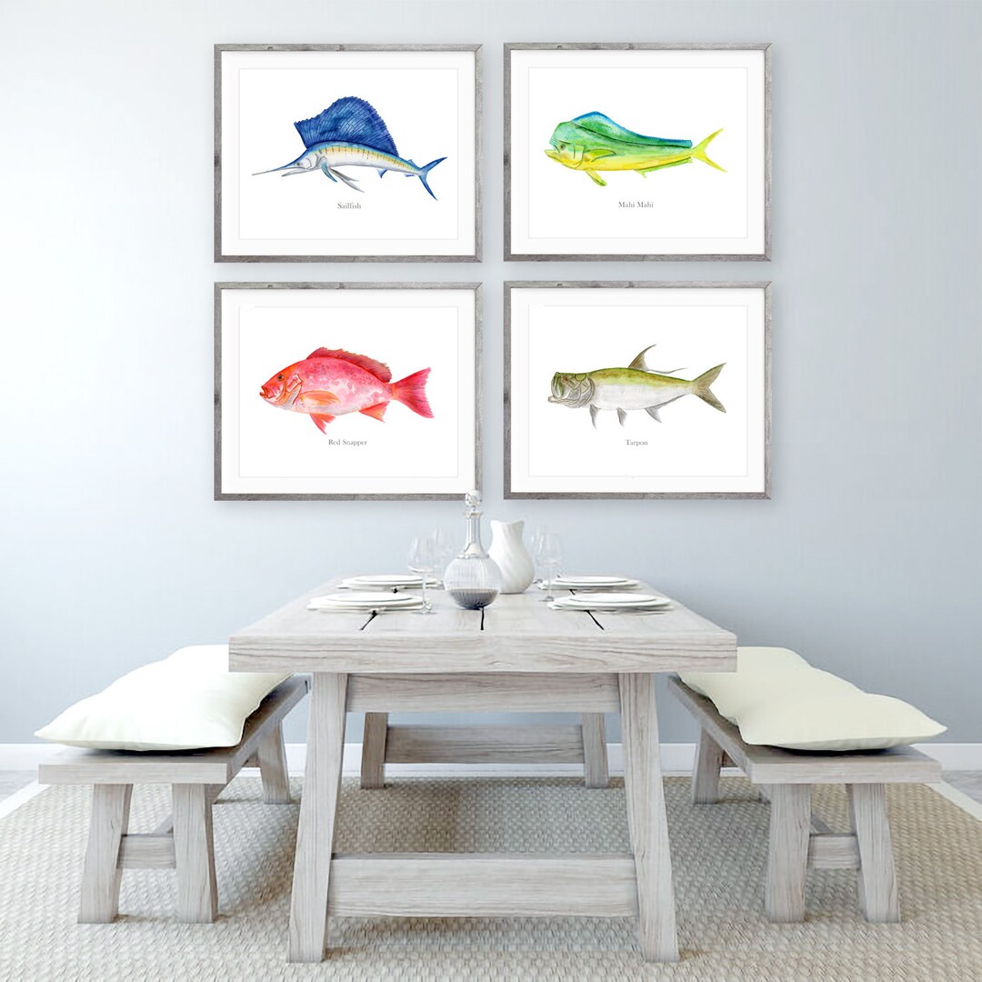 Fish Decor, Fishing Art Print Set of 4 Fish Prints, Deep Sea Fishing ...