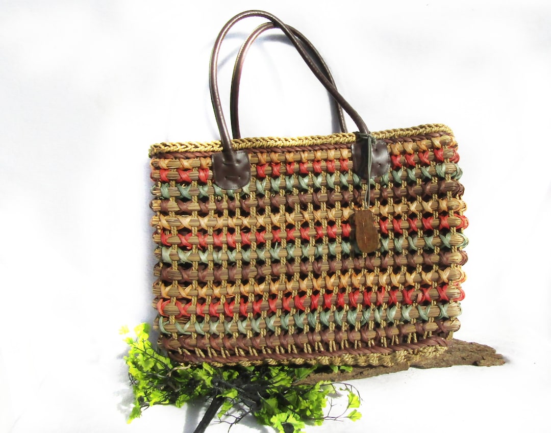 Vintage Straw Woven Tote - Handbag- Multicolor Straw Bag- Striking ...