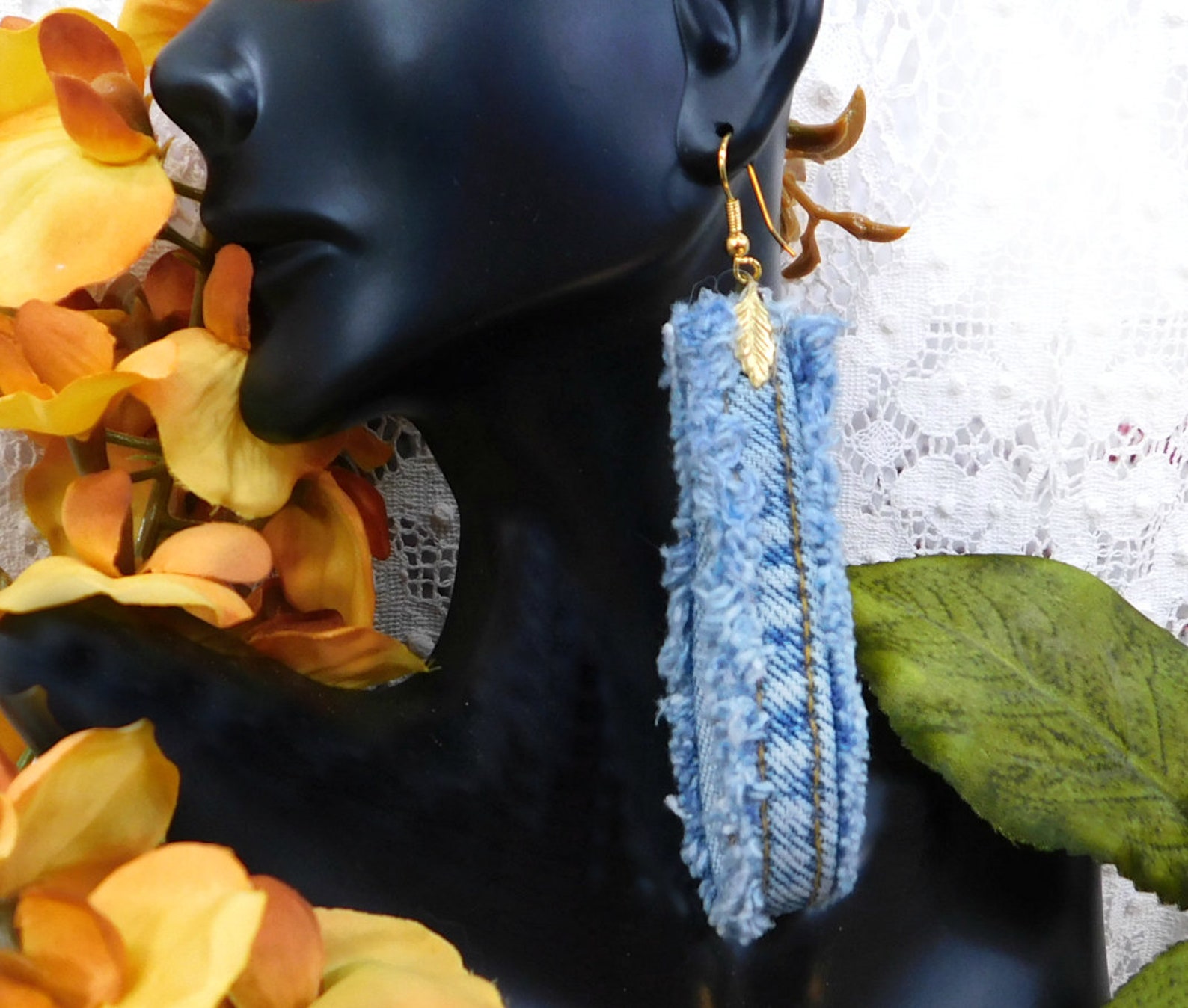 Long Denim Earring- Boho Denim Earring - Distressed Denim Earring ...