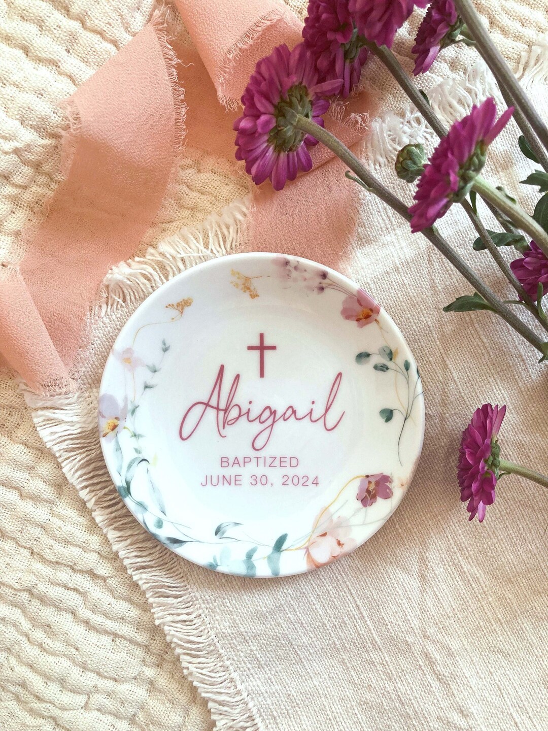 Personalized Baptism Jewelry Dish: Floral Ceramic Christening or ...